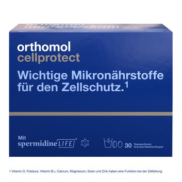 Orthomol Cellprotect ist ein Nahrungsergänzungsmittel. Es enthält ...
