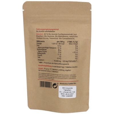 Acerola 100 % Bio natürliches Vitamin C Lutschtabletten 70 g - Shop ...