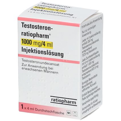 TESTOSTERON-ratiopharm 1000 mg/4 ml Inj.-Lsg.Dsfl. 1 St mit dem E ...