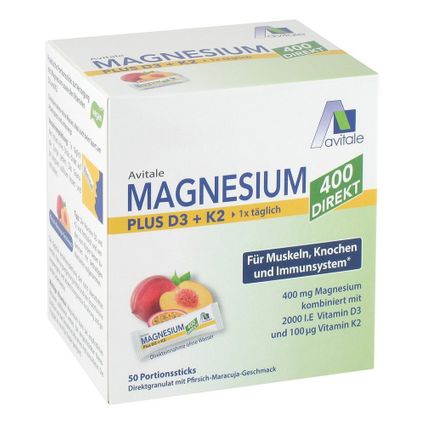 Avitale Magnesium 400 plus D3 + K2 Direktsticks mit Pfirsich-Maracuja ...