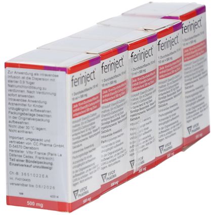 FERINJECT 50 mg Eisen/ml Inj.-/Inf.-Dispers.500mg 5x10 ml mit dem E ...