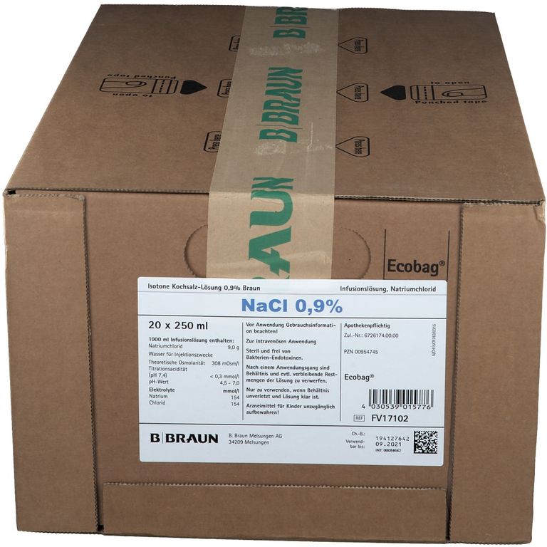 Isotone Kochsalz-Lösung 0,9 % Braun Ecobag® 20x250 ml - Shop Apotheke