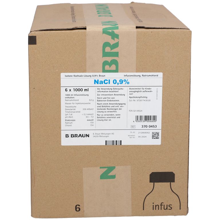 Isotone Kochsalz-Lösung 0,9% B. Braun, Glasflasche 6x1000 ml - Shop Apotheke