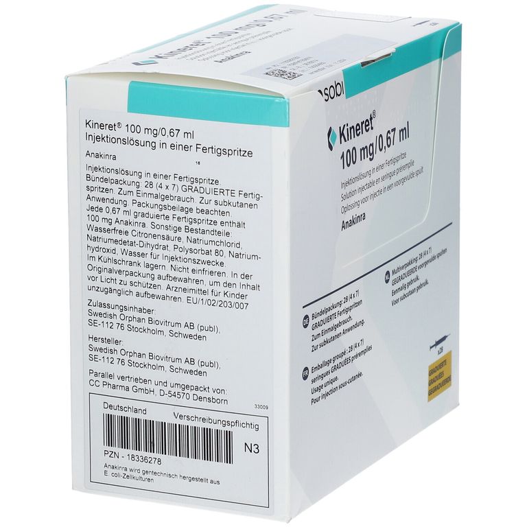 KINERET 100mg/0,67ml Inj.-Lsg.graduiert.Fertigspr. 28 St mit dem E ...