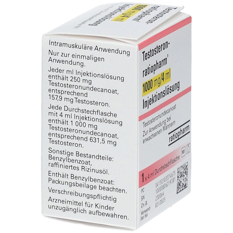TESTOSTERON-ratiopharm 1000 mg/4 ml Inj.-Lsg.Dsfl. 1 St mit dem E ...