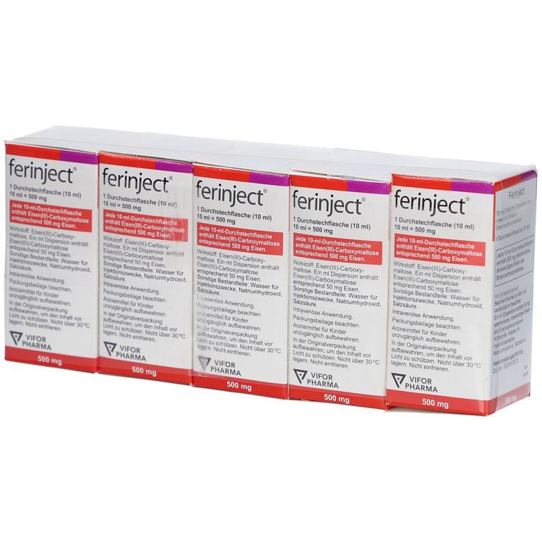 FERINJECT 50 mg Eisen/ml Inj.-/Inf.-Dispers.500mg 5x10 ml mit dem E ...