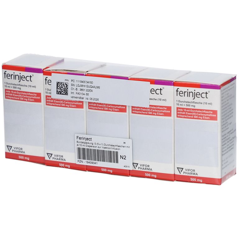 FERINJECT 50 mg Eisen/ml Inj.-/Inf.-Dispers.500mg 5x10 ml mit dem E ...