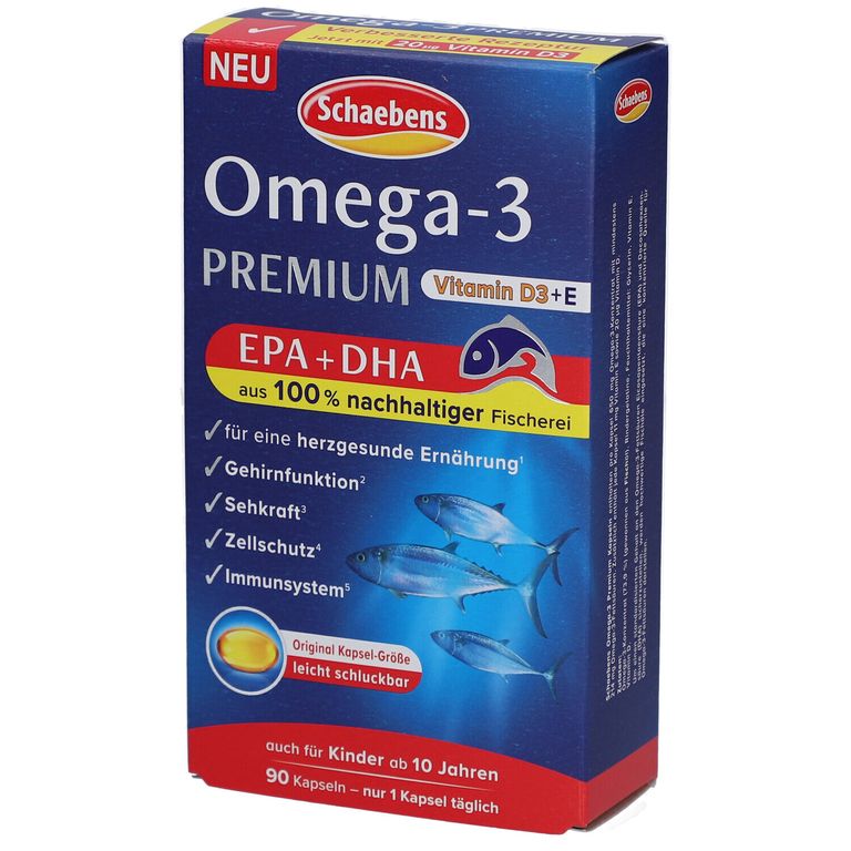Schaebens Omega-3 Premium Kapseln mit Vitamin D3 und E 90 St - Shop Apotheke