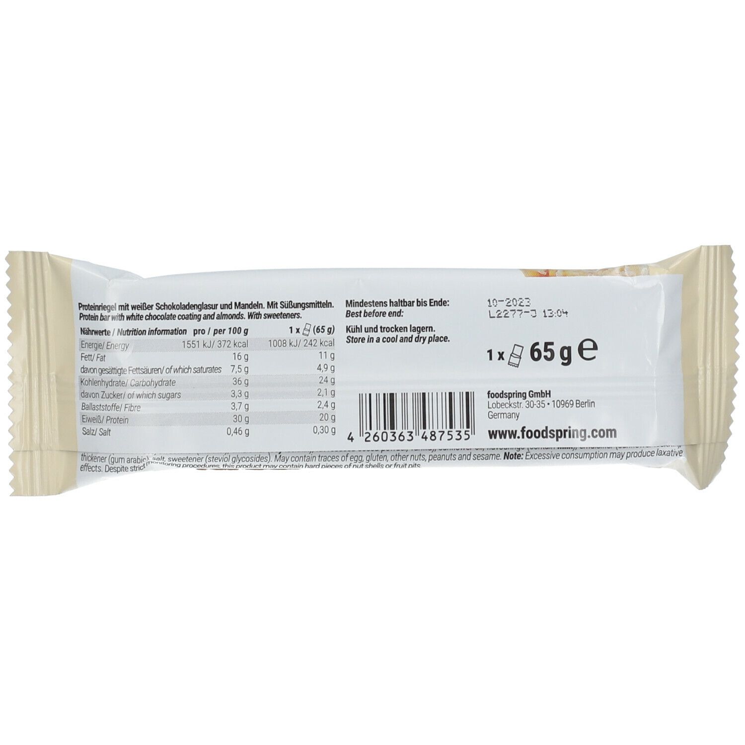 foodspring® Extra Chocolate Protein Bar Weiße Schokolade Mandel 65 g ...