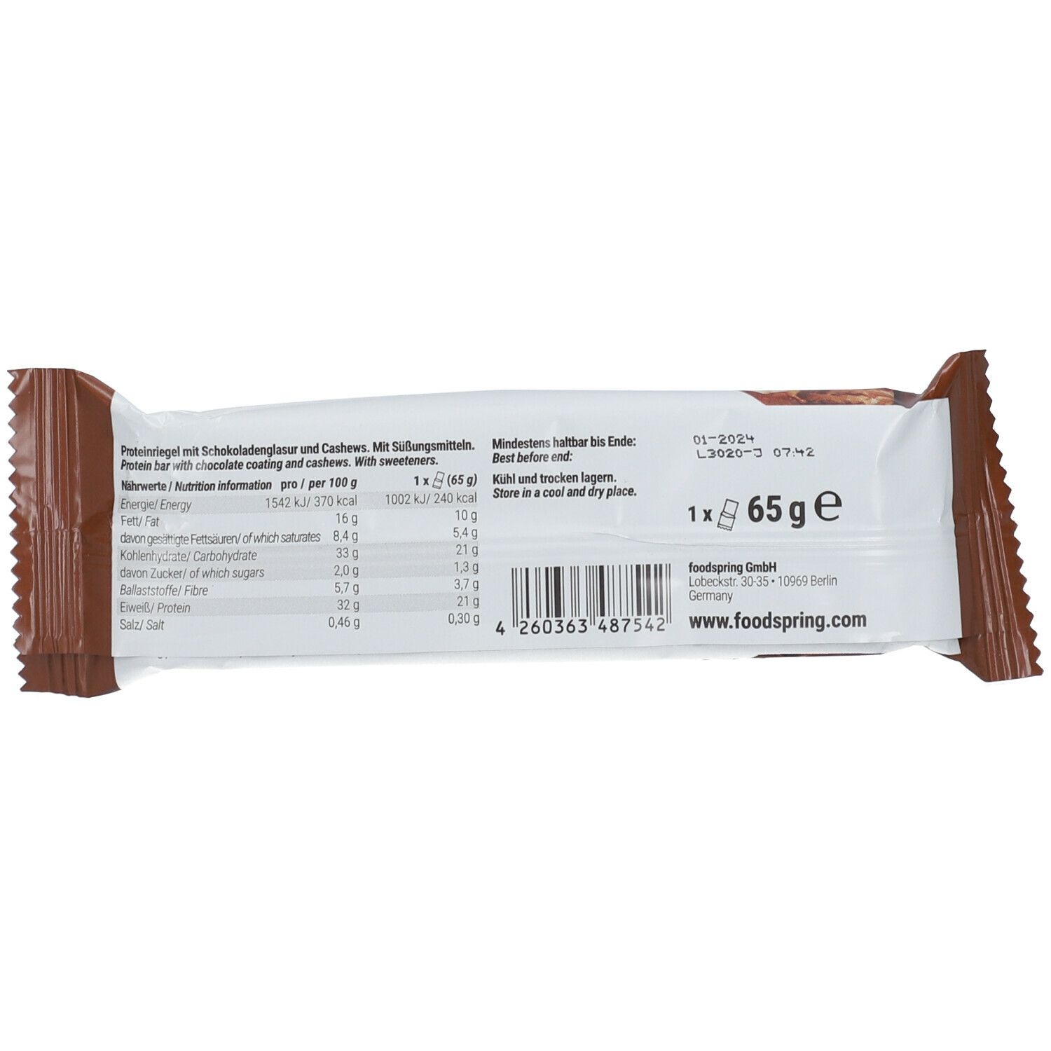 foodspring® Extra Chocolate Protein Bar Double Choclate Cashew 65 g ...