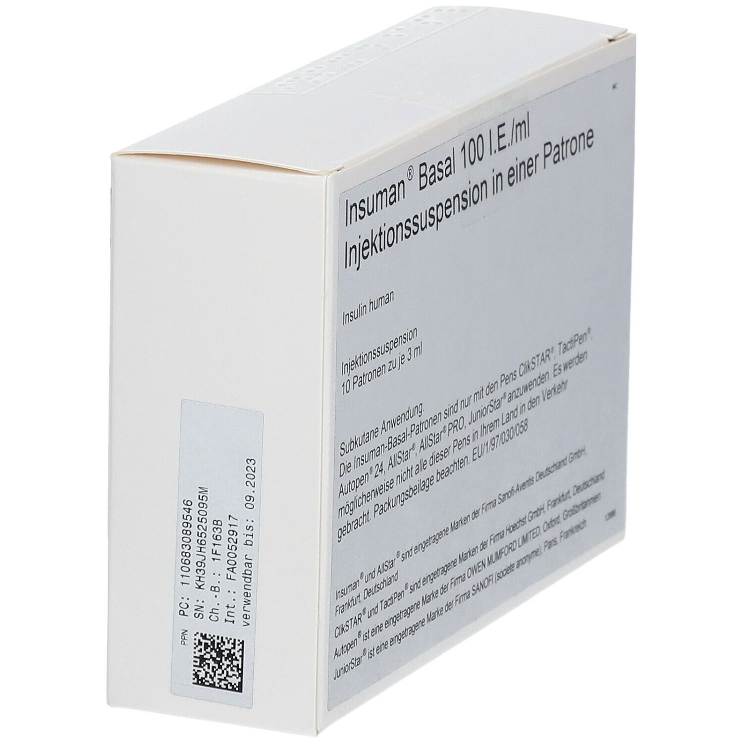 INSUMAN Basal 100 I.E./ml Injekt.-Susp.i.e.Patrone 10x3 ml mit dem E ...