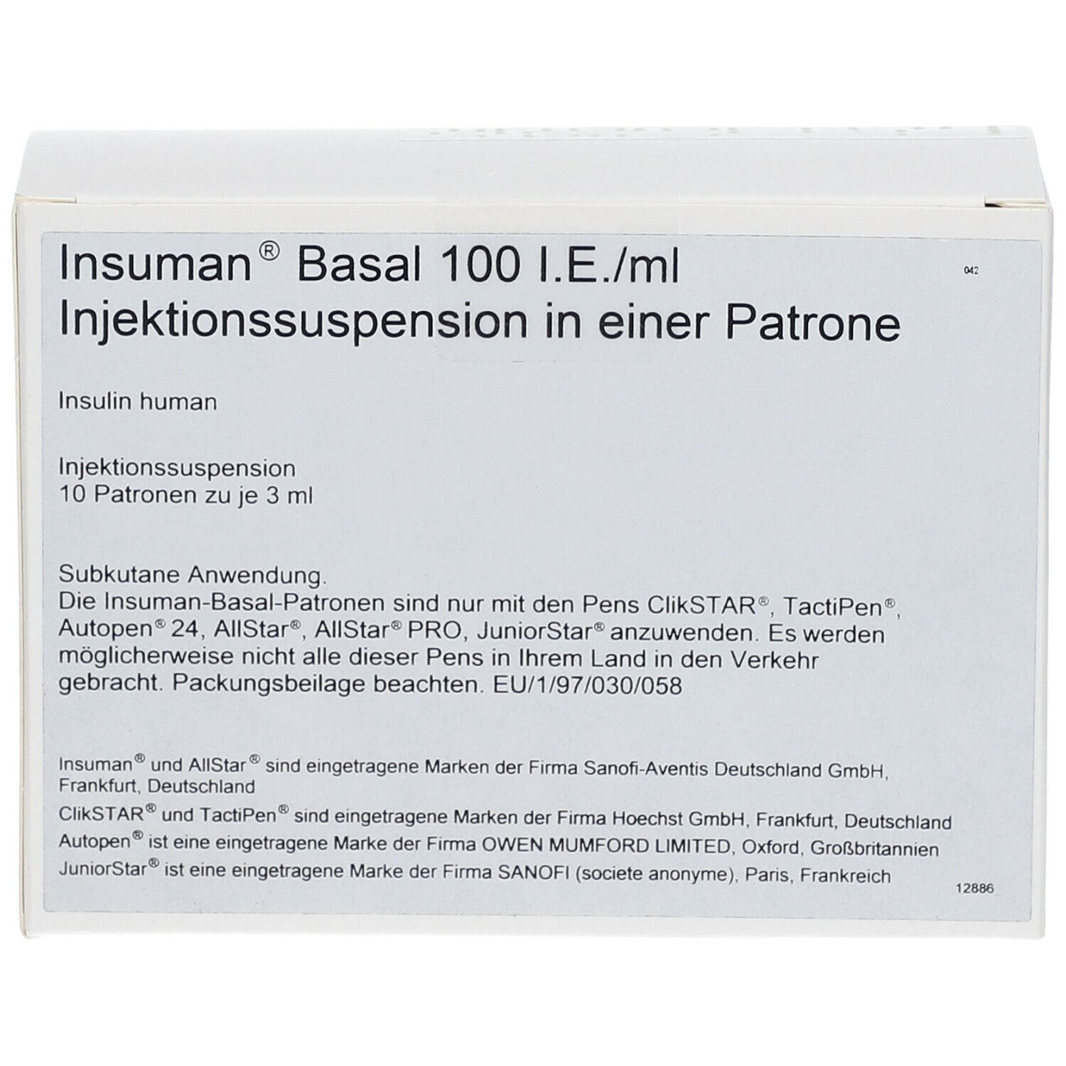 INSUMAN Basal 100 I.E./ml Injekt.-Susp.i.e.Patrone 10x3 ml mit dem E ...