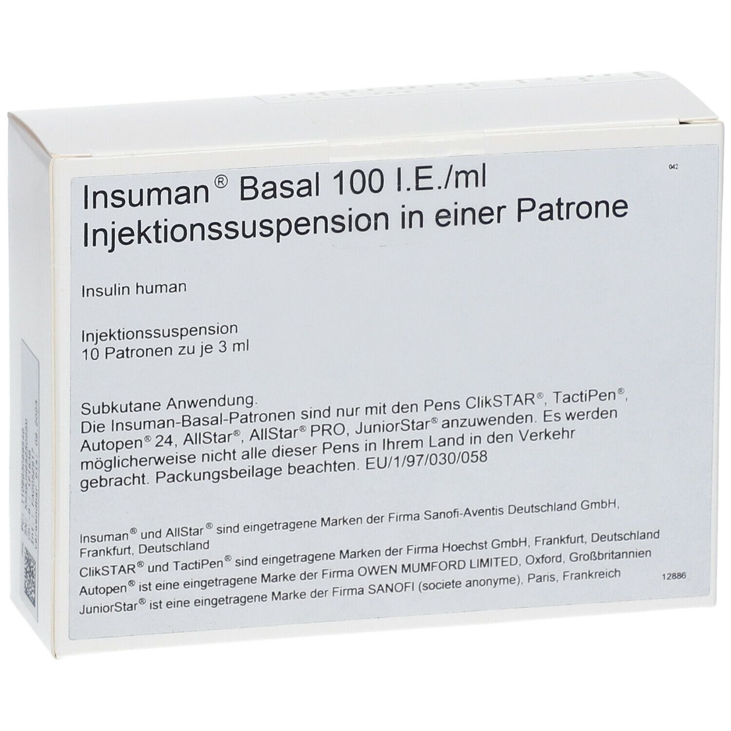 INSUMAN Basal 100 I.E./ml Injekt.-Susp.i.e.Patrone 10x3 ml mit dem E ...