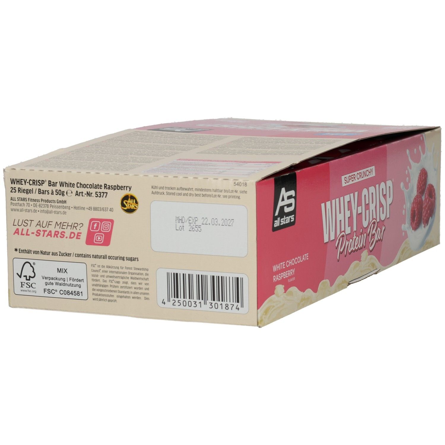 All Stars® Whey Crisp Protein Bar White Chocolate Raspberry 25x50 g ...
