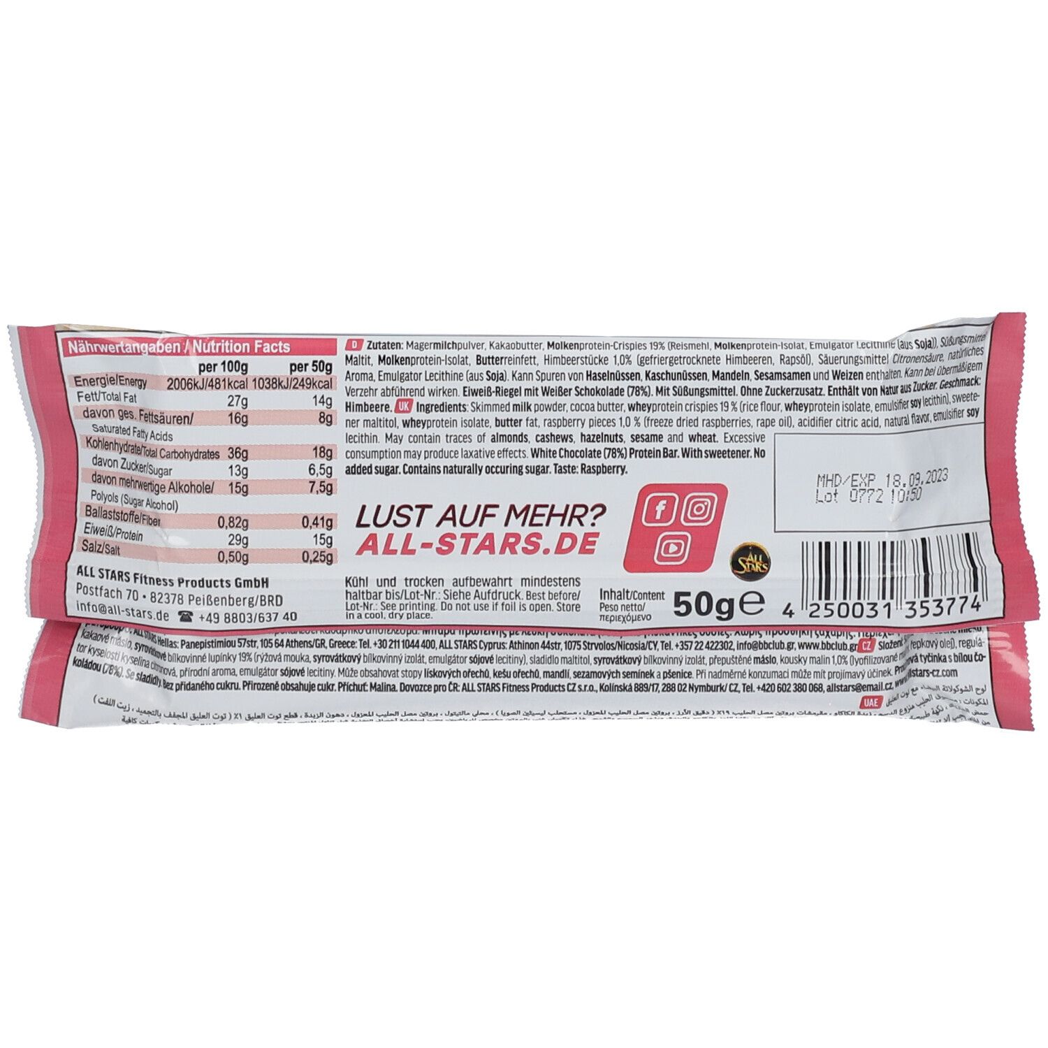 All Stars® WHEY-CRISP Protein Bar White Chocolate Raspberry 50 g - Shop ...