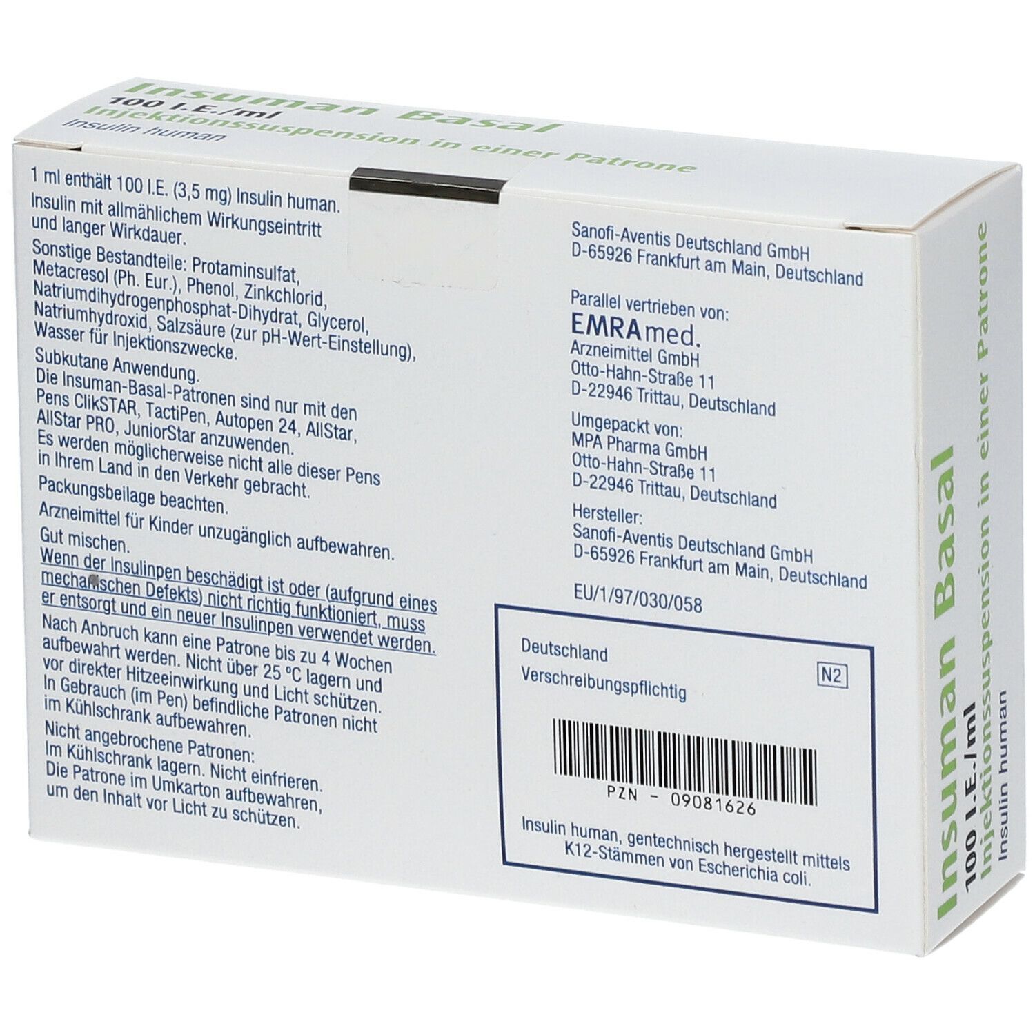 Insuman Basal 100 I.E./ml 10x3 ml mit dem E-Rezept kaufen - Shop Apotheke