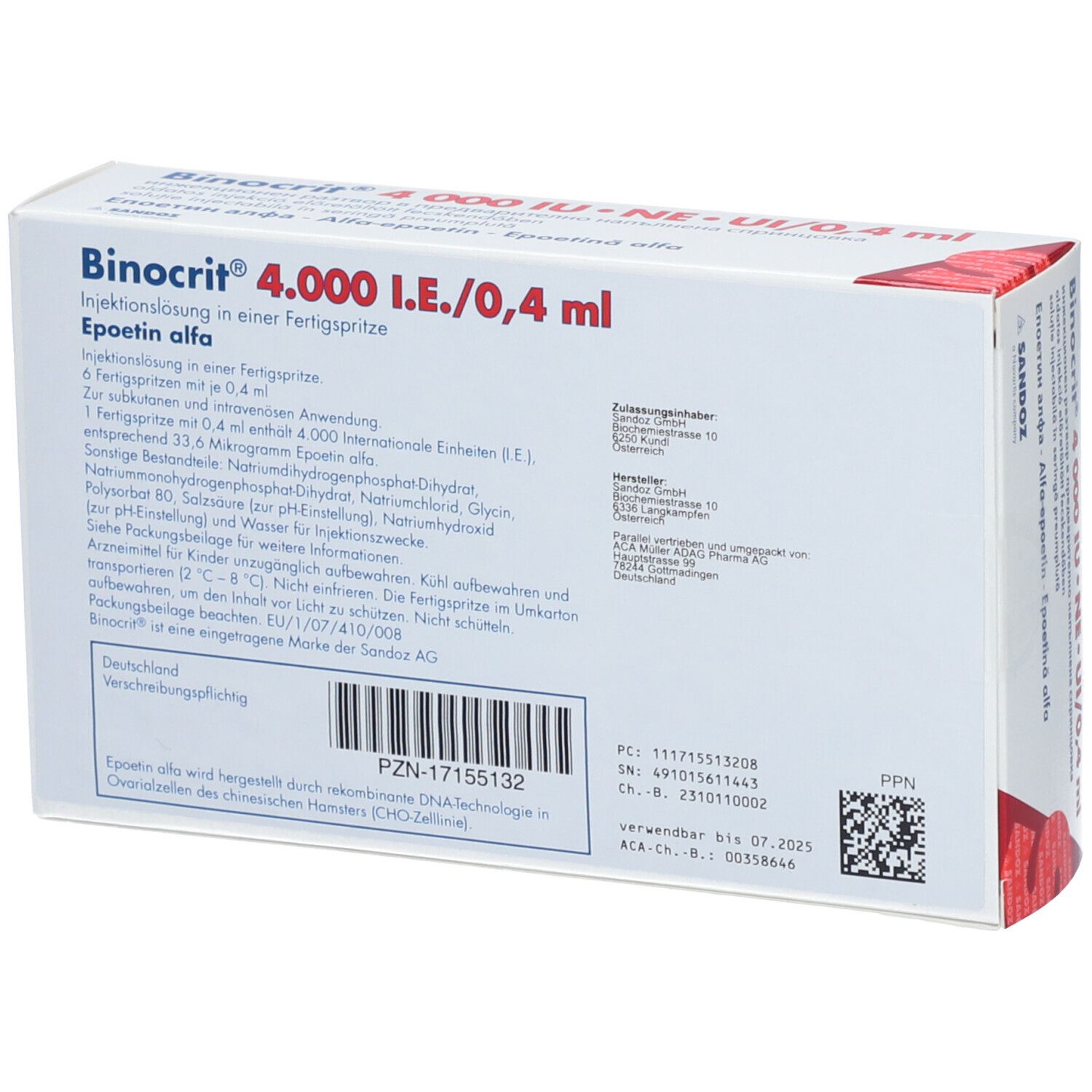 BINOCRIT 4.000 I.E./0,4 ml Inj.-Lsg.i.e.Fertigspr. 6x0,4 ml mit dem E ...