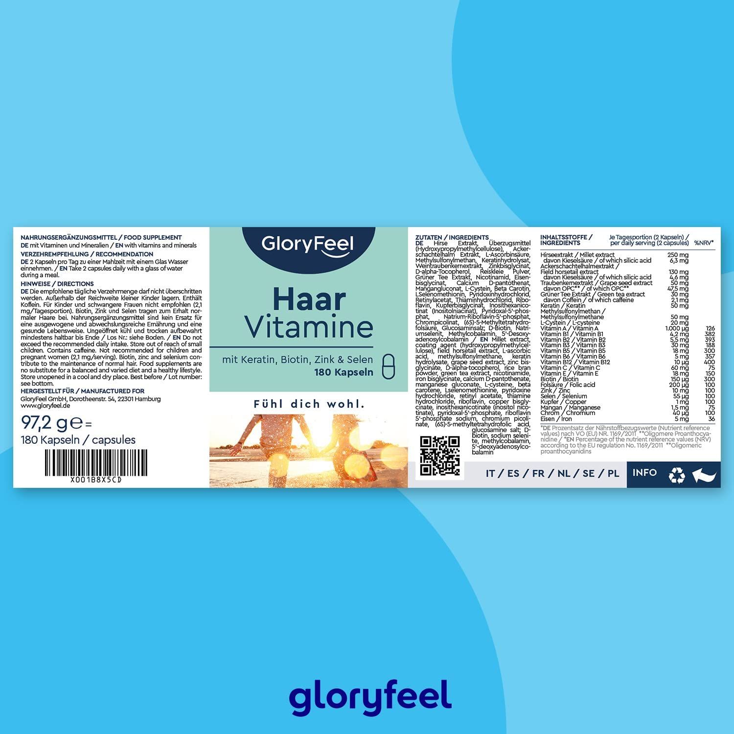 gloryfeel® Haar Vitamine Kapseln + Biotin und Zink 180 St - Shop Apotheke