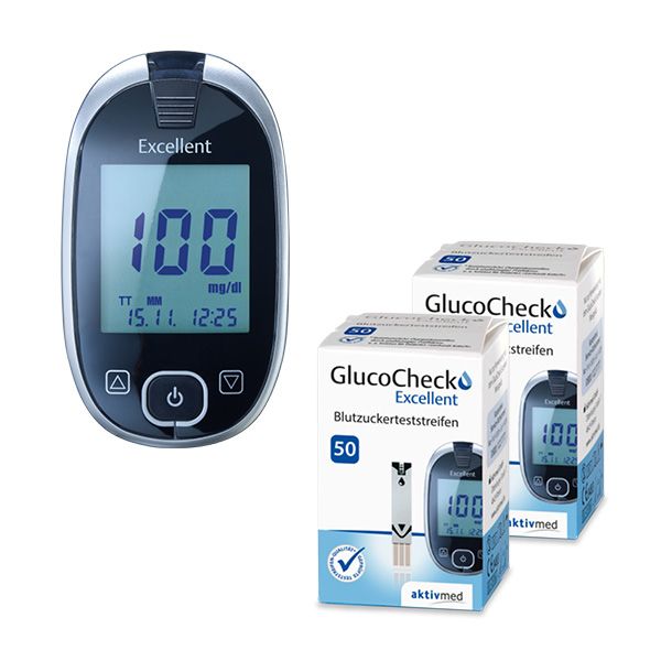GlucoCheck Excellent Mess-Set zur Blutzuckerkontrolle mit 110 Streifen ...
