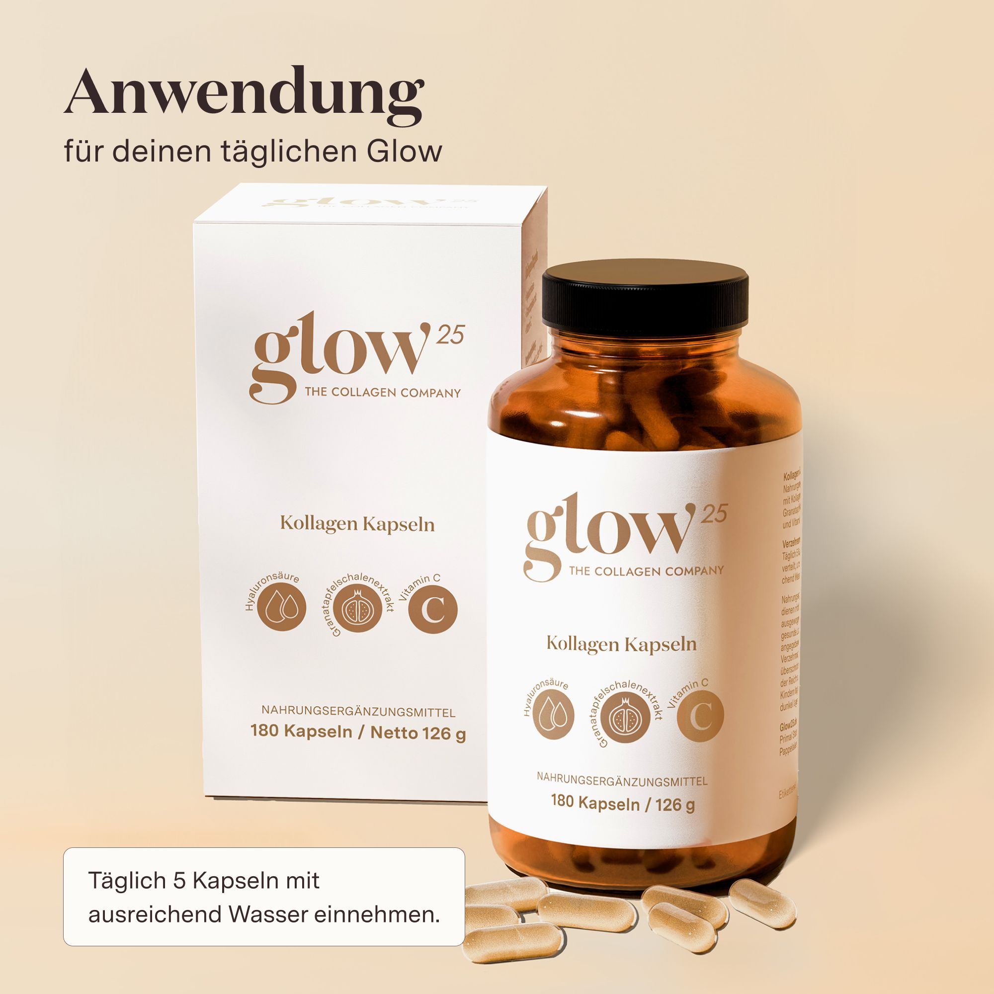 Glow25® Kollagen Kapseln hochdosiert [180 Kapseln] mit Hyaluronsäure ...