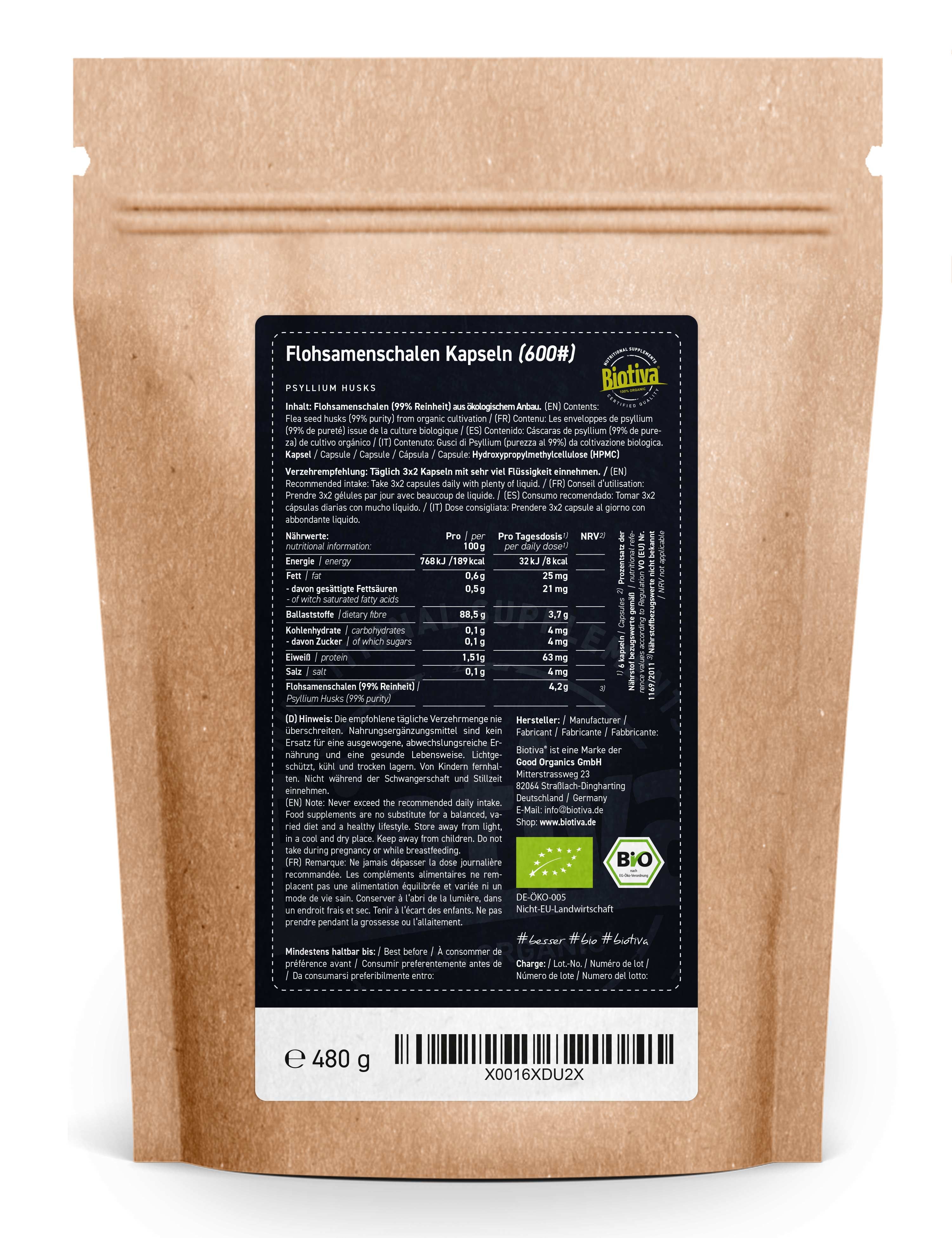 Biotiva Flohsamenschalen Kapseln Bio 480 g | Shop Apotheke