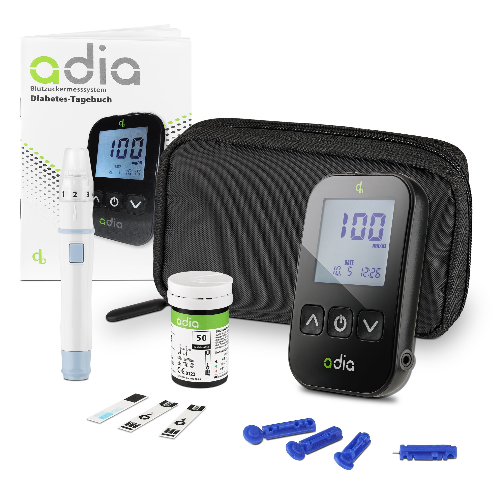 adia Blutzuckermessgerät (mg/dl) Set + 110 Blutzuckerteststreifen + 110 ...