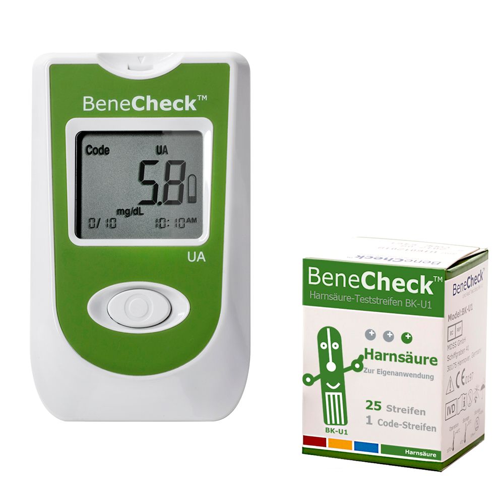 BeneCheck Harnsäure-Messgerät Premium- Kombi Set mit Teststreifen