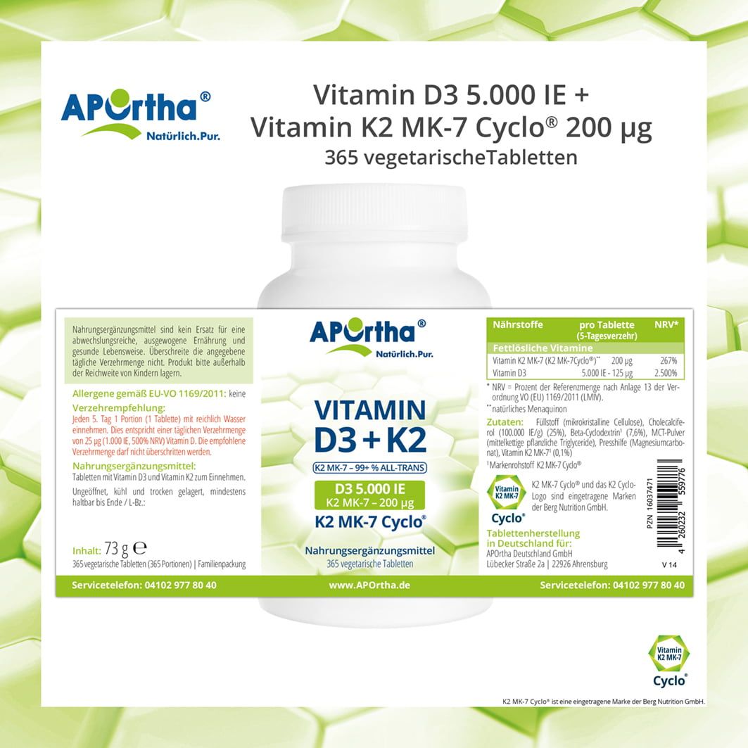 APOrtha® Vitamin D3 5.000 IE + Natto Vitamin K2 MK-7 Cyclo® 200 µg Tabletten 365 St - Shop Apotheke