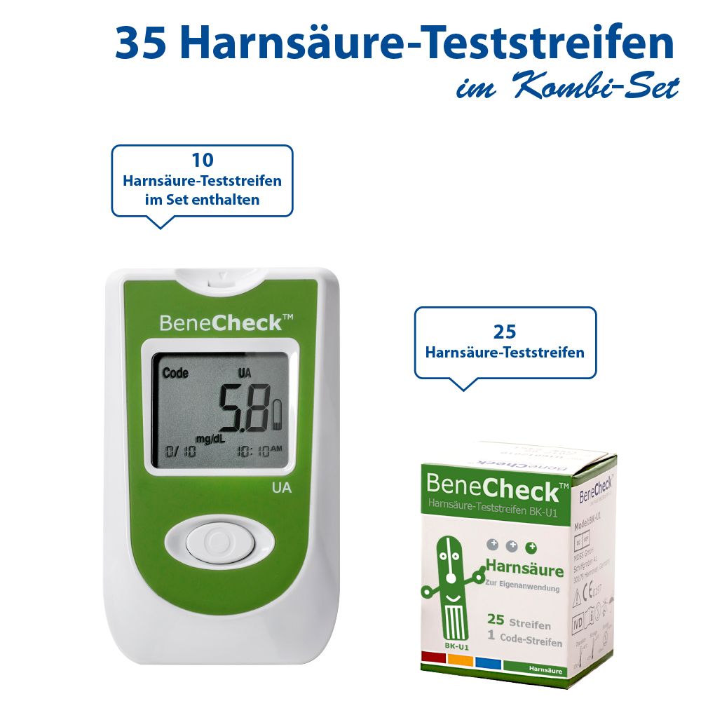 BeneCheck Harnsäure-Messgerät Premium- Kombi Set mit Teststreifen 1 St ...
