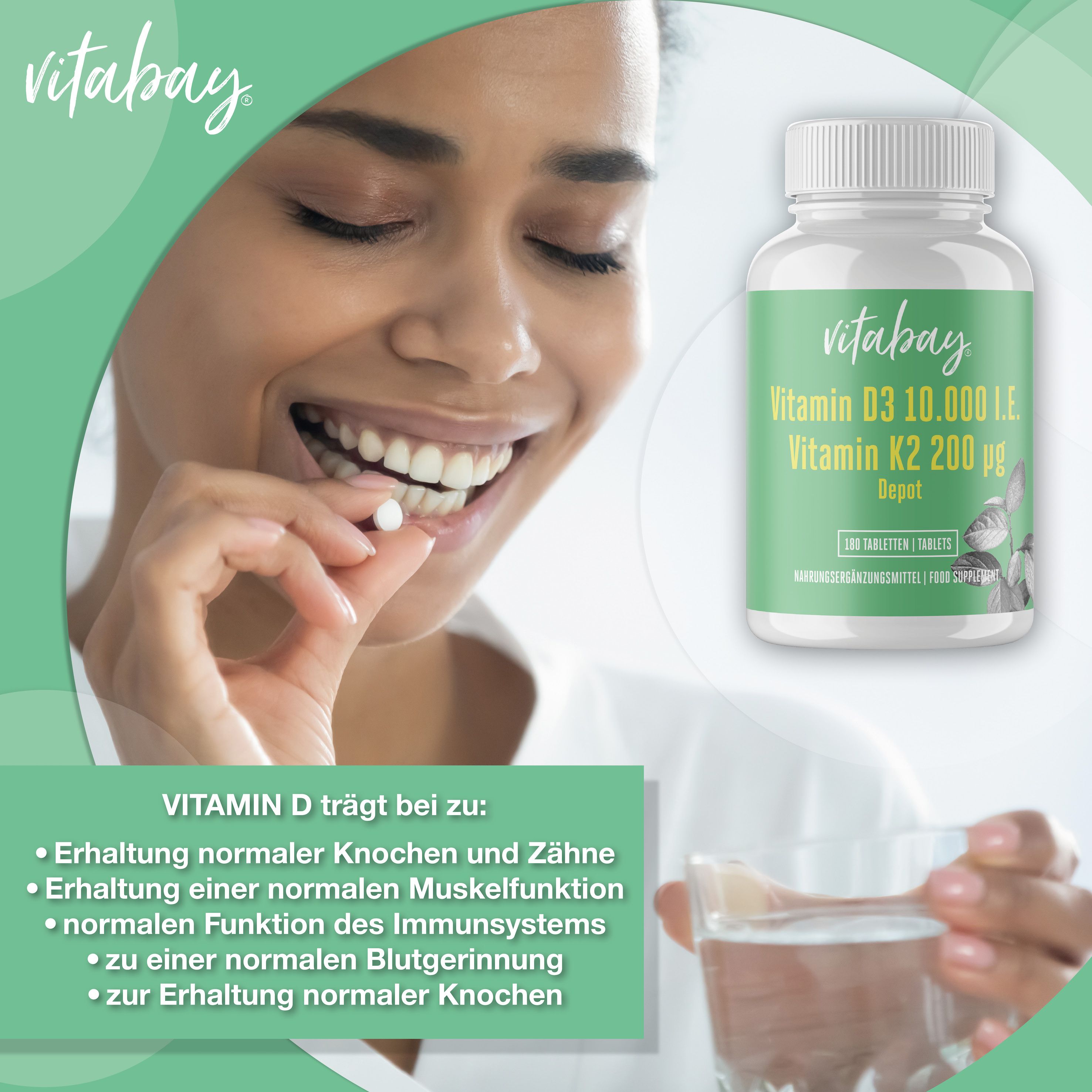 Vitabay Vitamin D3 10000 I.E. + K2 200 mcg Depot 180 St - SHOP APOTHEKE