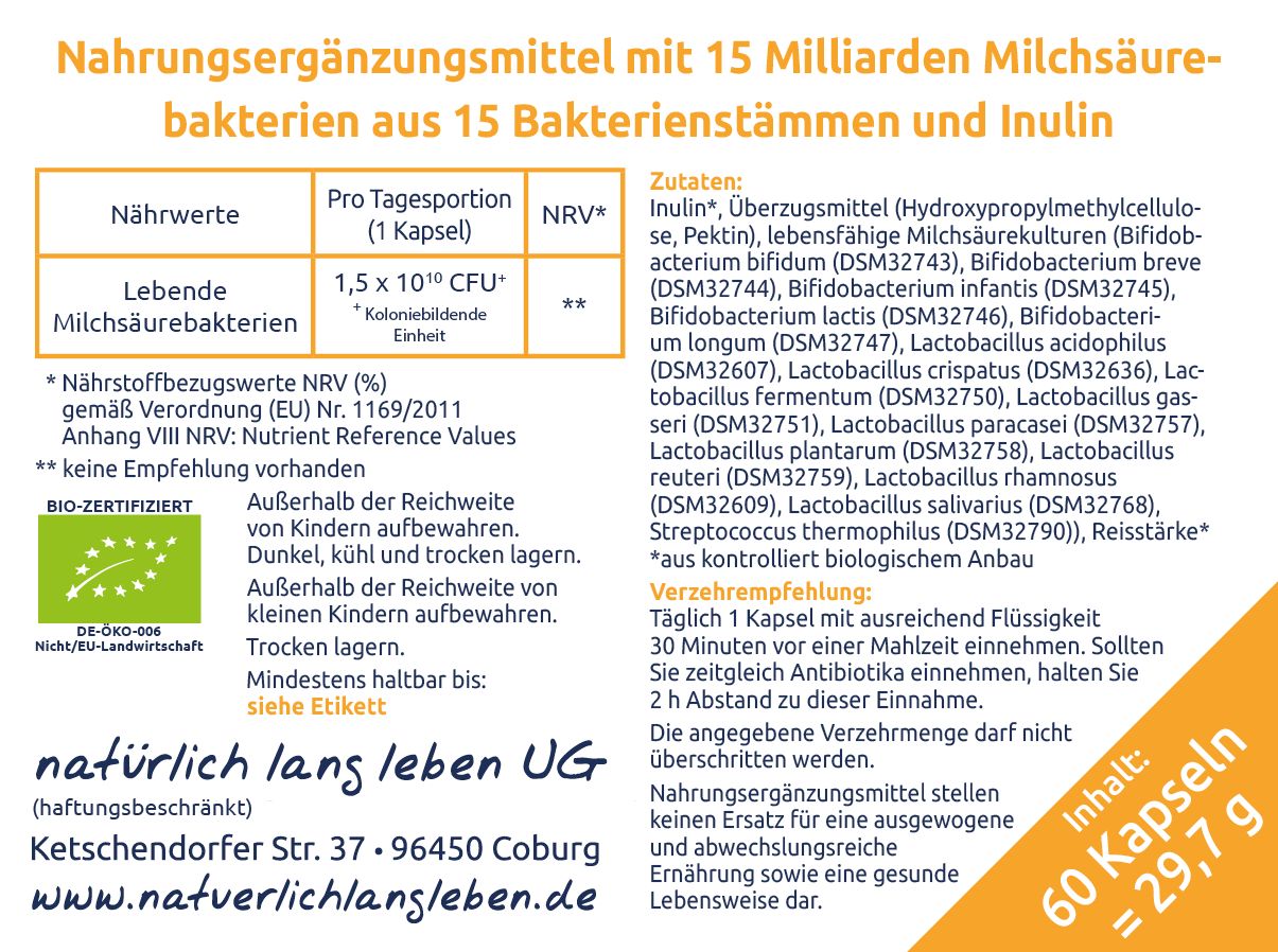 natürlich lang leben BIO Probiotic Kapseln 29,7 g - Shop Apotheke
