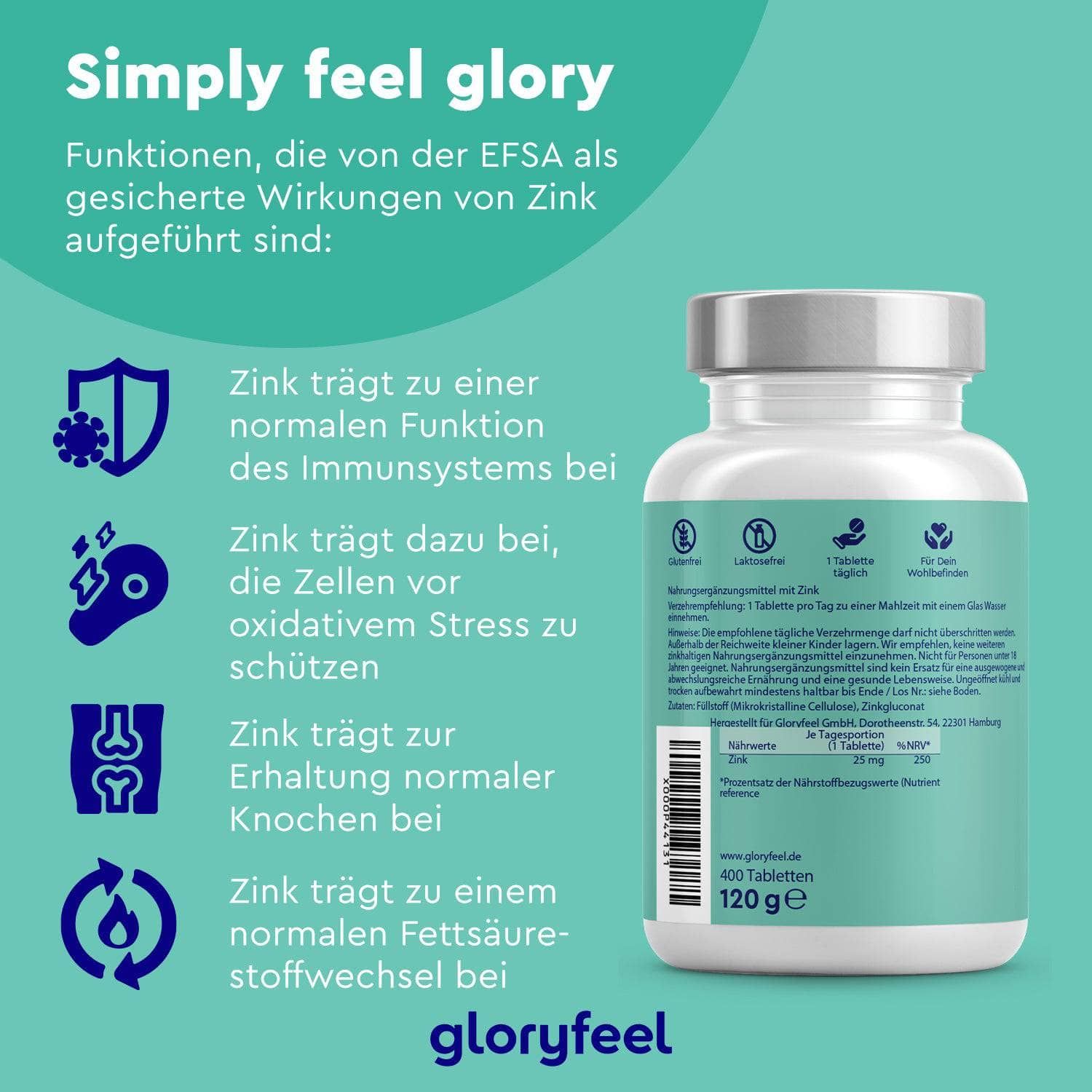gloryfeel® Zink Tabletten - Mit Premium Zinkgluconat 400 St - Shop Apotheke