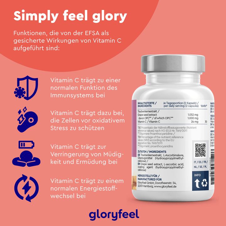 gloryfeel® OPC Traubenextrakt Kapseln + Vitamin C 180 St - Shop Apotheke